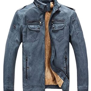 CHARTOU Men Retro PU Faux Leather Bomber Jacket Stand Collar Fleece Lined Motorcycle Jacket Zip Up (Medium,Blue)