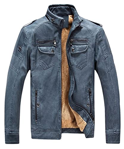 CHARTOU Men Retro PU Faux Leather Bomber Jacket Stand Collar Fleece Lined Motorcycle Jacket Zip Up (Medium,Blue)