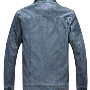 CHARTOU Men Retro PU Faux Leather Bomber Jacket Stand Collar Fleece Lined Motorcycle Jacket Zip Up (Medium,Blue)