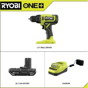 RYOBI ONE+ 18V Cordless 1/2 in. Drill/Driver Kit with (2) 1.5 Ah Batteries and Charger, Green