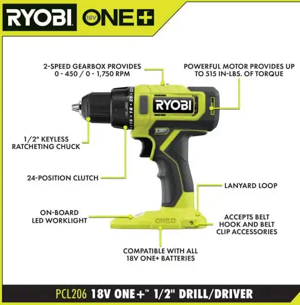 RYOBI ONE+ 18V Cordless 1/2 in. Drill/Driver Kit with (2) 1.5 Ah Batteries and Charger, Green