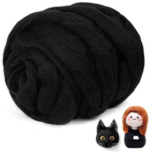 natural wool roving - 8.8 oz fibre wool yarn roving needle felting wool hand spinning for beginners adult wool felting yarn supplies diy craft materials - black