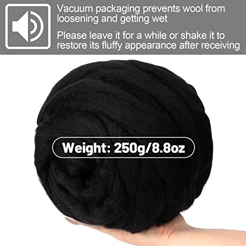 Natural Wool Roving - 8.8 oz Fibre Wool Yarn Roving Needle Felting Wool Hand Spinning for Beginners Adult Wool Felting Yarn Supplies DIY Craft Materials - Black