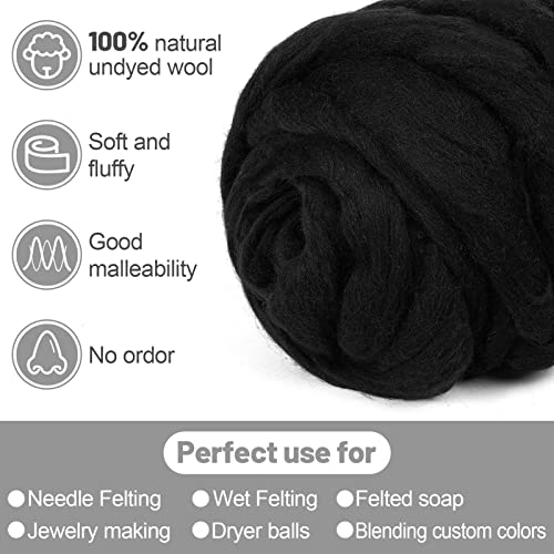 Natural Wool Roving - 8.8 oz Fibre Wool Yarn Roving Needle Felting Wool Hand Spinning for Beginners Adult Wool Felting Yarn Supplies DIY Craft Materials - Black