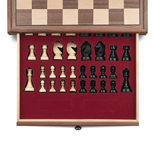 A&A 15 inch Walnut Wooden Chess Sets w/ Storage Drawer / Triple Weighted Chess Pieces - 3.0 inch King Height/ Walnut Box w/Walnut & Maple Inlay / 2 Extra Queen / Classic 2 in 1 Board Games