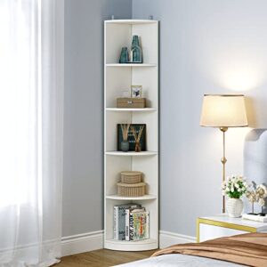 yitahome 5-tier corner shelf, 70.8" tall modern free standing corner bookshelf, 5 shelf display corner bookcase and bookshelves,wooden open storage book shelves for living room, home office, white