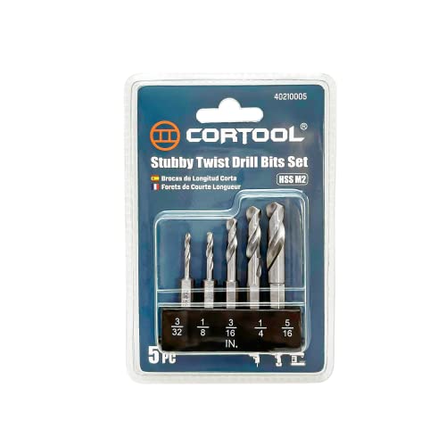 CORTOOL Stubby Drill Bit Set for Metal, 5pcs HSS M2 Short Length Drill Bit with 1/4-Inch Quick Change Hex Shank - 3/32”, 1/8”, 3/16”, 1/4”, 5/16” Inch Sizes Stubby Drill Bits for Wood