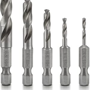 CORTOOL Stubby Drill Bit Set for Metal, 5pcs HSS M2 Short Length Drill Bit with 1/4-Inch Quick Change Hex Shank - 3/32”, 1/8”, 3/16”, 1/4”, 5/16” Inch Sizes Stubby Drill Bits for Wood