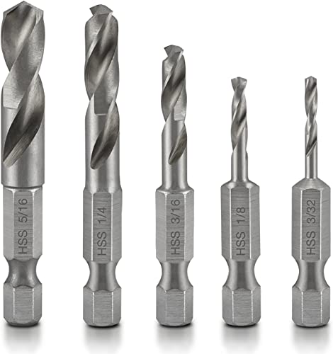 CORTOOL Stubby Drill Bit Set for Metal, 5pcs HSS M2 Short Length Drill Bit with 1/4-Inch Quick Change Hex Shank - 3/32”, 1/8”, 3/16”, 1/4”, 5/16” Inch Sizes Stubby Drill Bits for Wood