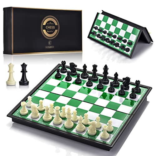 QuadPro Magnetic Travel Chess Set with Folding Chess Board & 2 Extra Queens & Convenience Bag, Educational Toys for Kids and Adults (Green & White)