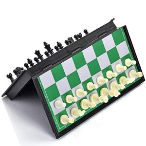 QuadPro Magnetic Travel Chess Set with Folding Chess Board & 2 Extra Queens & Convenience Bag, Educational Toys for Kids and Adults (Green & White)