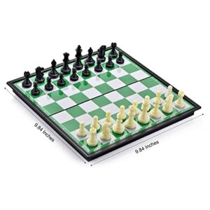 QuadPro Magnetic Travel Chess Set with Folding Chess Board & 2 Extra Queens & Convenience Bag, Educational Toys for Kids and Adults (Green & White)