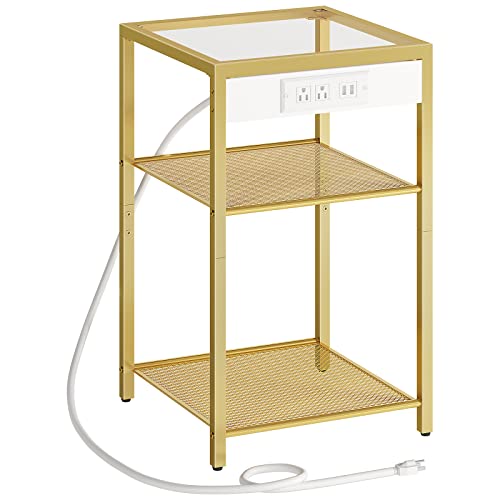 HOOBRO Side Table with Charging Station, 3-Tier Slim Nightstand with Storage Shelves, End Table with USB Ports & Power Outlets, Tempered Glass, Modern Style, for Living Room, Bedroom, Gold GD77UBZ01