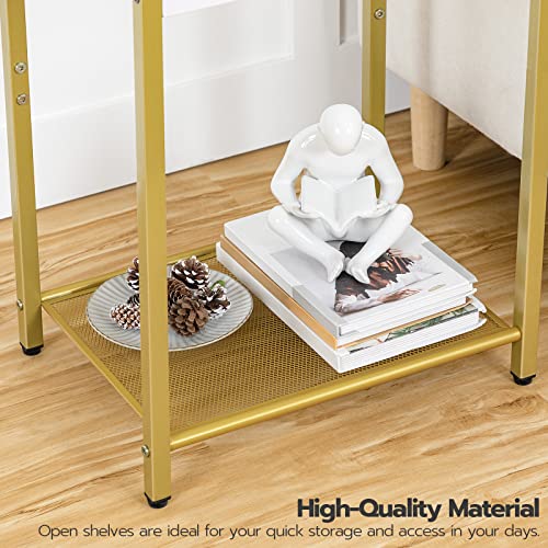 HOOBRO Side Table with Charging Station, 3-Tier Slim Nightstand with Storage Shelves, End Table with USB Ports & Power Outlets, Tempered Glass, Modern Style, for Living Room, Bedroom, Gold GD77UBZ01