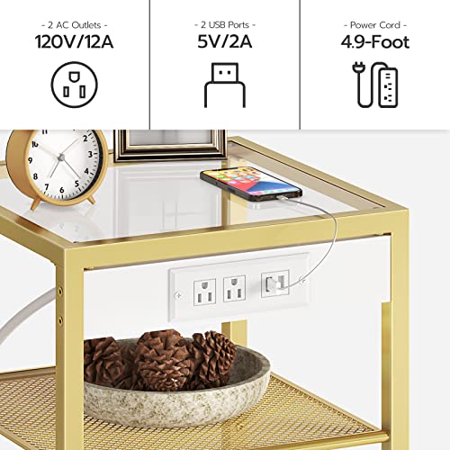 HOOBRO Side Table with Charging Station, 3-Tier Slim Nightstand with Storage Shelves, End Table with USB Ports & Power Outlets, Tempered Glass, Modern Style, for Living Room, Bedroom, Gold GD77UBZ01