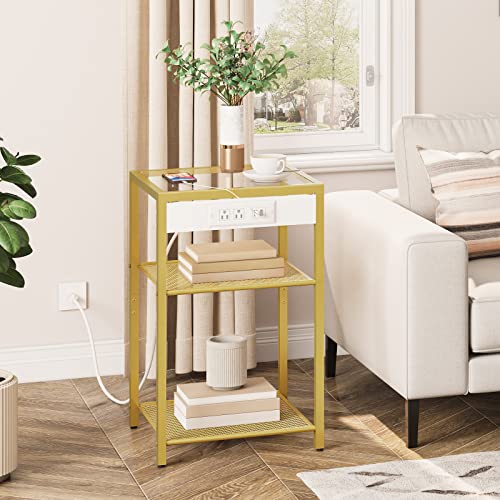 HOOBRO Side Table with Charging Station, 3-Tier Slim Nightstand with Storage Shelves, End Table with USB Ports & Power Outlets, Tempered Glass, Modern Style, for Living Room, Bedroom, Gold GD77UBZ01