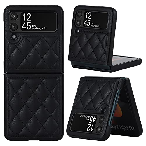 XIZYO Leather Case for Samsung Galaxy Z Flip 3 5G, Diamond-Shaped Luxury Soft PU Leather & Hard PC Shell Shockproof Bumper Protective Cover, Black