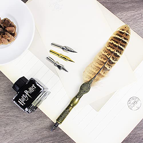 DSWINCE Feather Calligraphy Pen Set for Beginners,Metal Nib Writing Quill Ink Pen Vintage Fountain Dip Pen Gift Set (Owl feather pen)