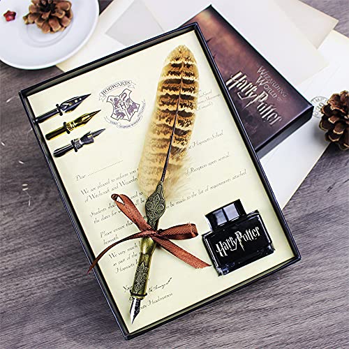 DSWINCE Feather Calligraphy Pen Set for Beginners,Metal Nib Writing Quill Ink Pen Vintage Fountain Dip Pen Gift Set (Owl feather pen)