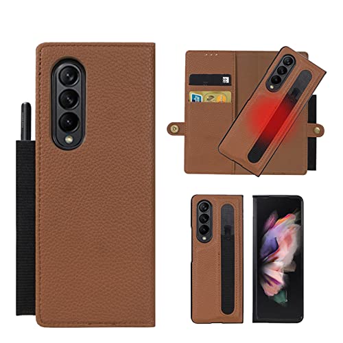 Vitodo for Galaxy Z Fold 3 Case with S Pen Holder, Magnetic Detachable Genuine Leather Wallet Phone Case 2 Card Solt with 2 Stylus Storage Protection Flip Case for Samsung Galaxy Z Fold 3 5g (Brown)