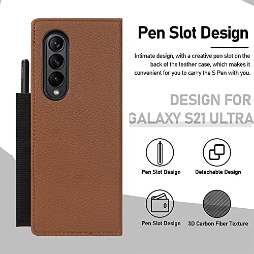 Vitodo for Galaxy Z Fold 3 Case with S Pen Holder, Magnetic Detachable Genuine Leather Wallet Phone Case 2 Card Solt with 2 Stylus Storage Protection Flip Case for Samsung Galaxy Z Fold 3 5g (Brown)