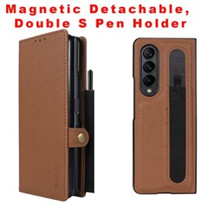 Vitodo for Galaxy Z Fold 3 Case with S Pen Holder, Magnetic Detachable Genuine Leather Wallet Phone Case 2 Card Solt with 2 Stylus Storage Protection Flip Case for Samsung Galaxy Z Fold 3 5g (Brown)