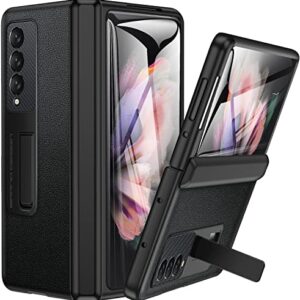 spoovcto Upgraded Leather for Samsung Fold 3 Case, for Galaxy Fold 3 Case with Hinge Protection Built-in Screen Protector Kickstand,Shockproof Protective Cover for Samsung Galaxy Z Fold 3-Black