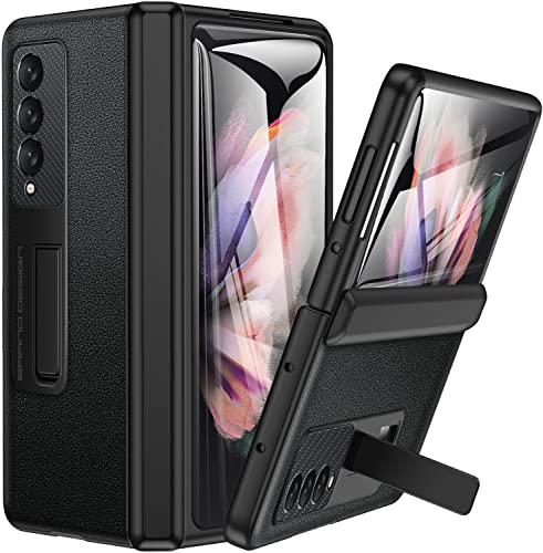 spoovcto Upgraded Leather for Samsung Fold 3 Case, for Galaxy Fold 3 Case with Hinge Protection Built-in Screen Protector Kickstand,Shockproof Protective Cover for Samsung Galaxy Z Fold 3-Black