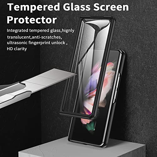 spoovcto Upgraded Leather for Samsung Fold 3 Case, for Galaxy Fold 3 Case with Hinge Protection Built-in Screen Protector Kickstand,Shockproof Protective Cover for Samsung Galaxy Z Fold 3-Black