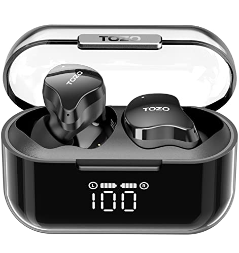 TOZO Crystal Buds Bluetooth 5.3 True Wireless Stereo Earbuds IPX8 Waterproof in Ear Headset Call Noise Reduction Headphones with Digital Display and Transparent Case Long Standby Earphones Black