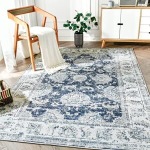 jinchan area rug 8x10 persian rug washable boho living room rug floral print large rug indoor soft distressed foldable carpet thin rug bedroom dining room office farmhouse dark blue