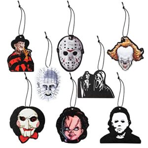 8pcs horror classic movie character car air fresheners gift set halloween incense chips scented car diffuser rearview mirror hanging pendant ornaments decor automotive interior accessories party favor