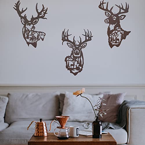 NewVees 16 Inch Large Metal Deer Wall Art Decor, Rustic Cabin Decor, Hunting Decor for Home Bathroom Bedroom Lodge, Deer in the Forest Pine Tree, Set of 3