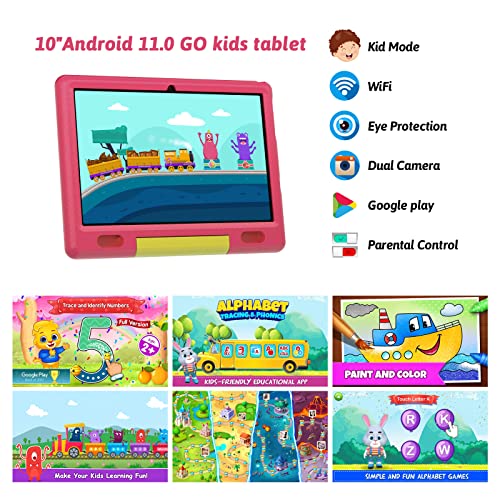 Fullant Kids Tablet 10 inch, Android 11 Tablet PC 10.1" Display,Kidoz Pre Installed,Parental Control,2GB+32GB,6000mAh,HD Dual Camera,Kid-Proof Case(Pink)