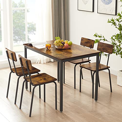 KIVENJAJA Dining Table Set for 4, 5-Piece Industrial Metal Wood Rectangle Kitchen Table and 4 Chairs for Dining Room Kitchen Dinette Breakfast Nook Small Space, Rustic Brown