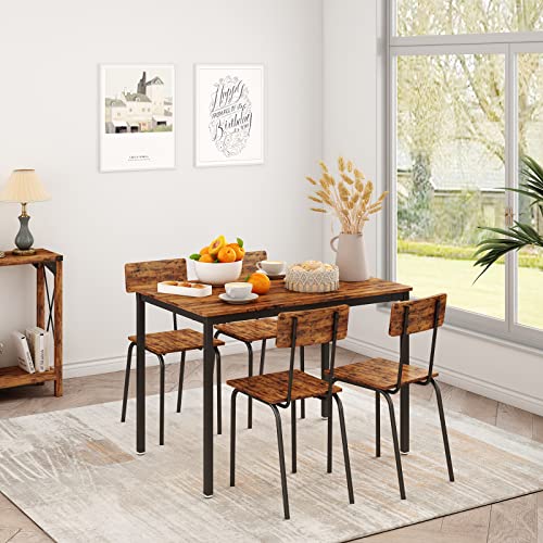 KIVENJAJA Dining Table Set for 4, 5-Piece Industrial Metal Wood Rectangle Kitchen Table and 4 Chairs for Dining Room Kitchen Dinette Breakfast Nook Small Space, Rustic Brown