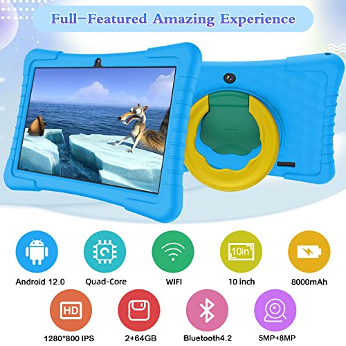 Kids Tablet, 10 inch Tablet for Kids Android 12 Tablet 2GB 64GB Toddler Tablet APP Preinstalled & Parent Control Children Tablet with WiFi, 8000mAh Battery, Dual Camera, Netflix, YouTube(Blue)