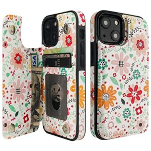 haopinsh for iphone 13 mini case wallet with card holder, daisy florals pattern back flip folio pu leather kickstand card slots case for women girls, double magnetic clasp shockproof cover 5.4"