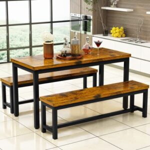 AWQM Dining Room Table Set, Kitchen Table Set with 2 Benches, Ideal for Home, Kitchen and Dining Room, Breakfast Table of 43.3x23.6x28.5 inches, Benches of 38.5x11.8x17.5 inches, Industrial Brown