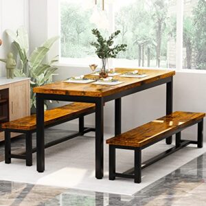 AWQM Dining Room Table Set, Kitchen Table Set with 2 Benches, Ideal for Home, Kitchen and Dining Room, Breakfast Table of 43.3x23.6x28.5 inches, Benches of 38.5x11.8x17.5 inches, Industrial Brown