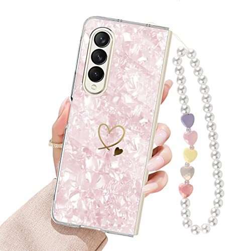 Newseego Case for Samsung Galaxy Z Fold 4 Case, Cute Love-Heart Pattern Shiny Shell Marble Design for Girls Women Soft TPU Shockproof Protective Case Cover with Colorful Heart Bracelet Chain -Pink