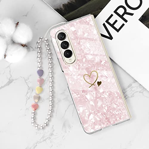 Newseego Case for Samsung Galaxy Z Fold 4 Case, Cute Love-Heart Pattern Shiny Shell Marble Design for Girls Women Soft TPU Shockproof Protective Case Cover with Colorful Heart Bracelet Chain -Pink