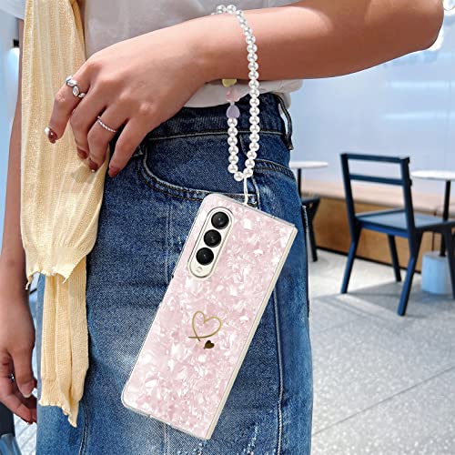 Newseego Case for Samsung Galaxy Z Fold 4 Case, Cute Love-Heart Pattern Shiny Shell Marble Design for Girls Women Soft TPU Shockproof Protective Case Cover with Colorful Heart Bracelet Chain -Pink