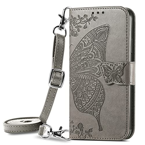 ONV Wallet Case for Samsung Galaxy Z Fold 3 - Crossbody Long Lanyard Butterfly Embossed Leather Folio Case Magnetic Card Slot Kickstand +TPU Shell for Samsung Galaxy Z Fold 3 [HZD] -Gray