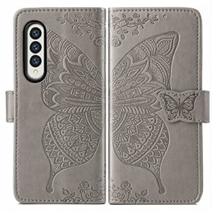 ONV Wallet Case for Samsung Galaxy Z Fold 3 - Crossbody Long Lanyard Butterfly Embossed Leather Folio Case Magnetic Card Slot Kickstand +TPU Shell for Samsung Galaxy Z Fold 3 [HZD] -Gray