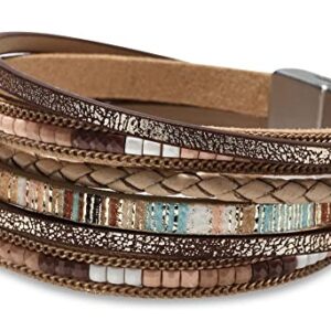 Fesciory Leather Wrap Bracelets for Women, Boho Leopard Multi-Layer Crystal Beads Cuff Bracelet Jewelry(Boho Braid(Brown))