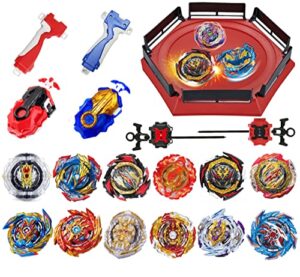 bey burst gyro toy set with arena metal fusion attack top grip toy great birthday gift for boys children kids age 6 8 10 12+ game storage box 12 burst gyros 1 stadium 4 two-way launcher 2 handles