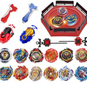 Bey Burst Gyro Toy Set with Arena Metal Fusion Attack Top Grip Toy Great Birthday Gift for Boys Children Kids Age 6 8 10 12+ Game Storage Box 12 Burst Gyros 1 Stadium 4 Two-Way Launcher 2 Handles