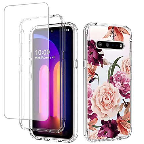 Vavies Case for LG V60 ThinQ 5G Case/LG V60/LM-V600 Case with Tempered Glass Screen Protector, Full Body Clear Flexible with Floral Design Protection Phone Cover Cases for LG V60 (Purple Flower)