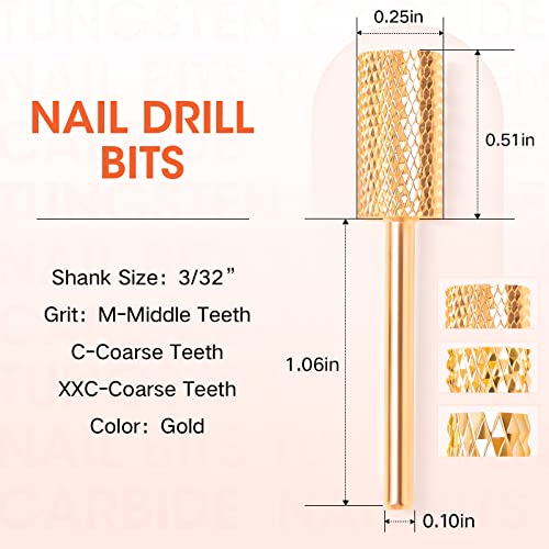 AORAEM Safety Bits for Nail Drill 3/32'', 3PCS Nail Drill Bit Set Professional Tungsten Steel Nail Drill Bits Remove Gel Safety Bits Set for Acrylic Gel Remover, Gold